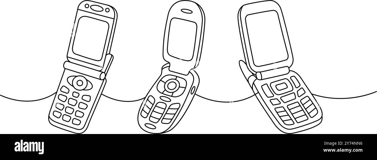 Set of mobile flip phones one line continuous drawing. Old ...