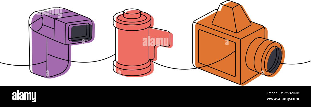 External flash, camera film roll, vintage camera with bellows one line ...