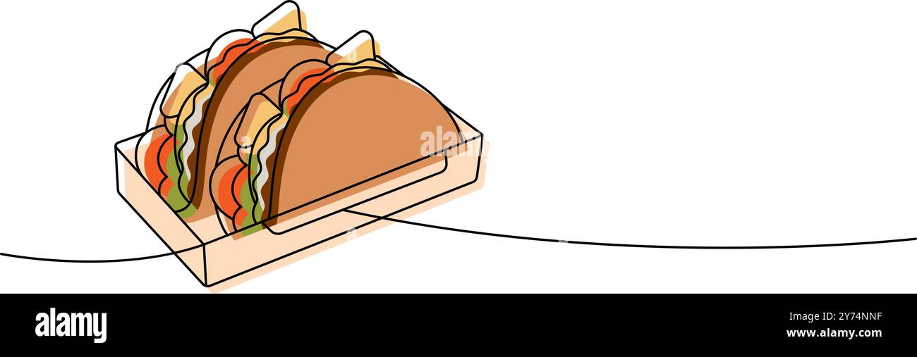 Ground beef tacos one line colored continuous drawing. Traditional ...
