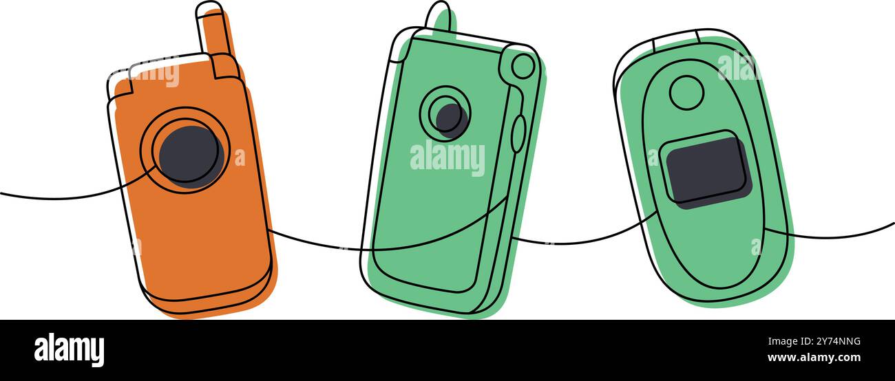 Mobile flip phone set one line colored continuous drawing. Old ...