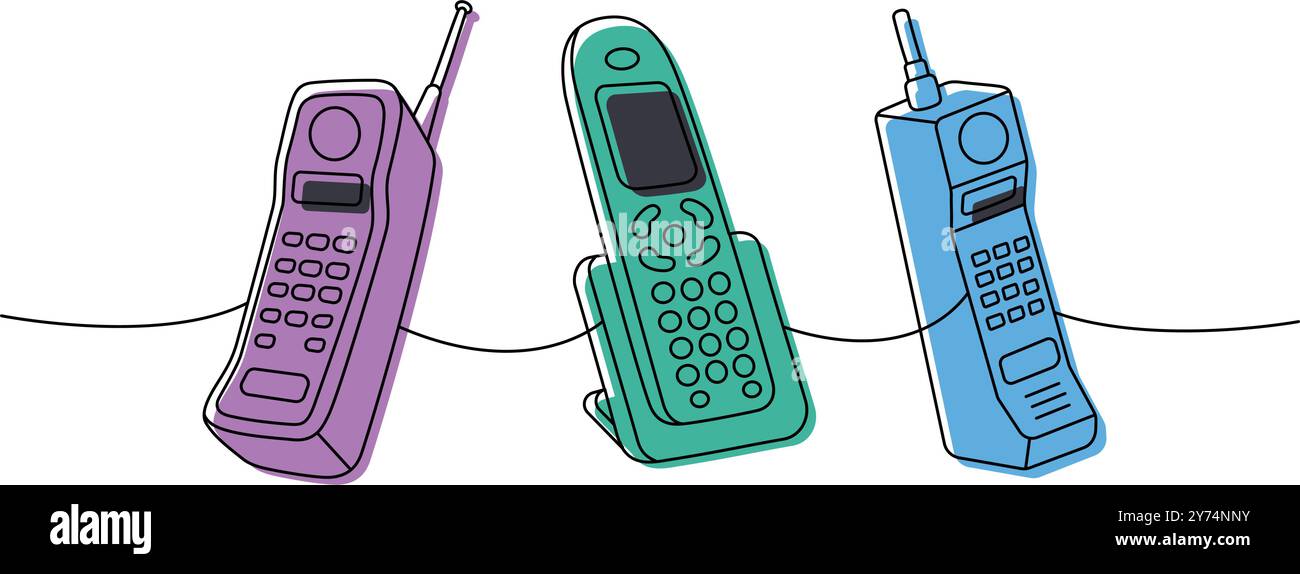 Old fashioned phones set one line colored continuous drawing. Old ...