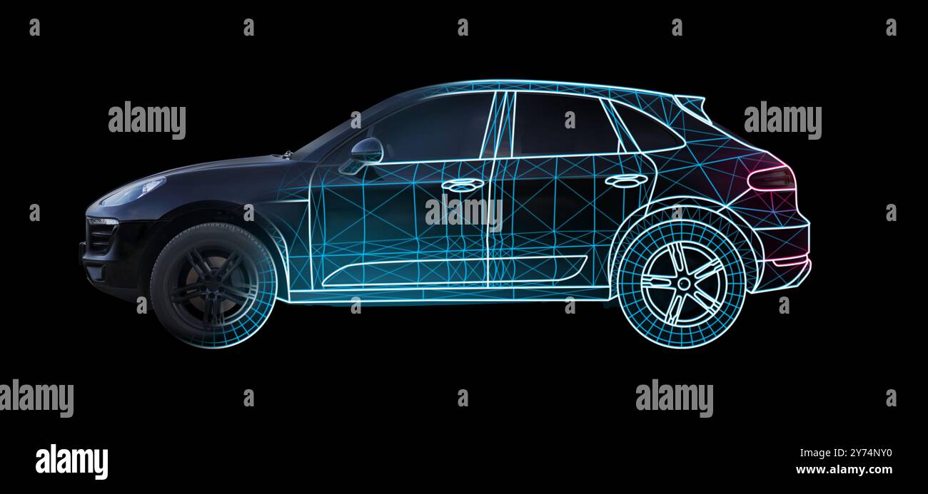 Futuristic car with digital wireframe, combined design. Side view Stock ...