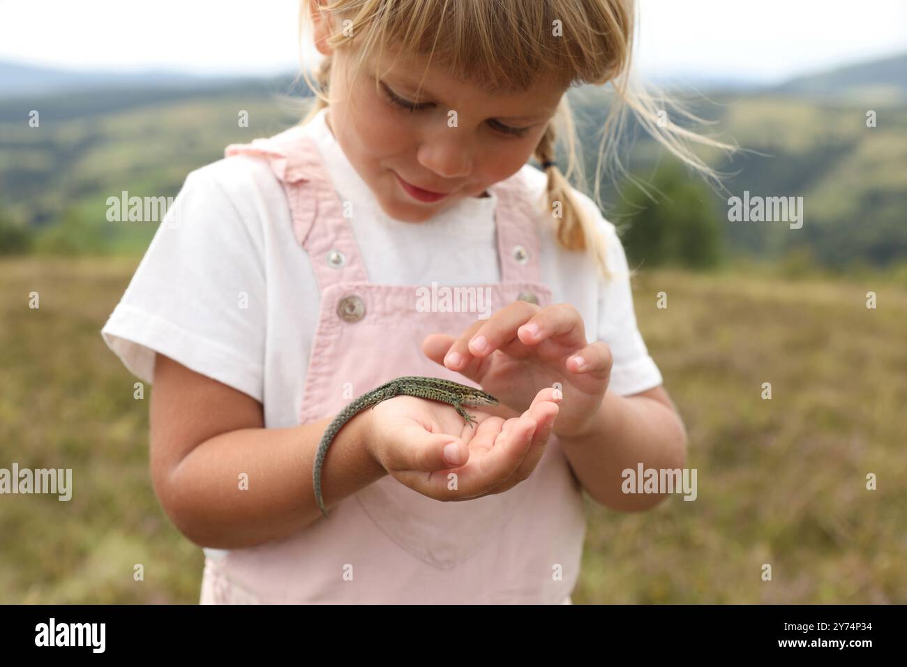 Cute little girl holding lizard at field. Child enjoying beautiful ...