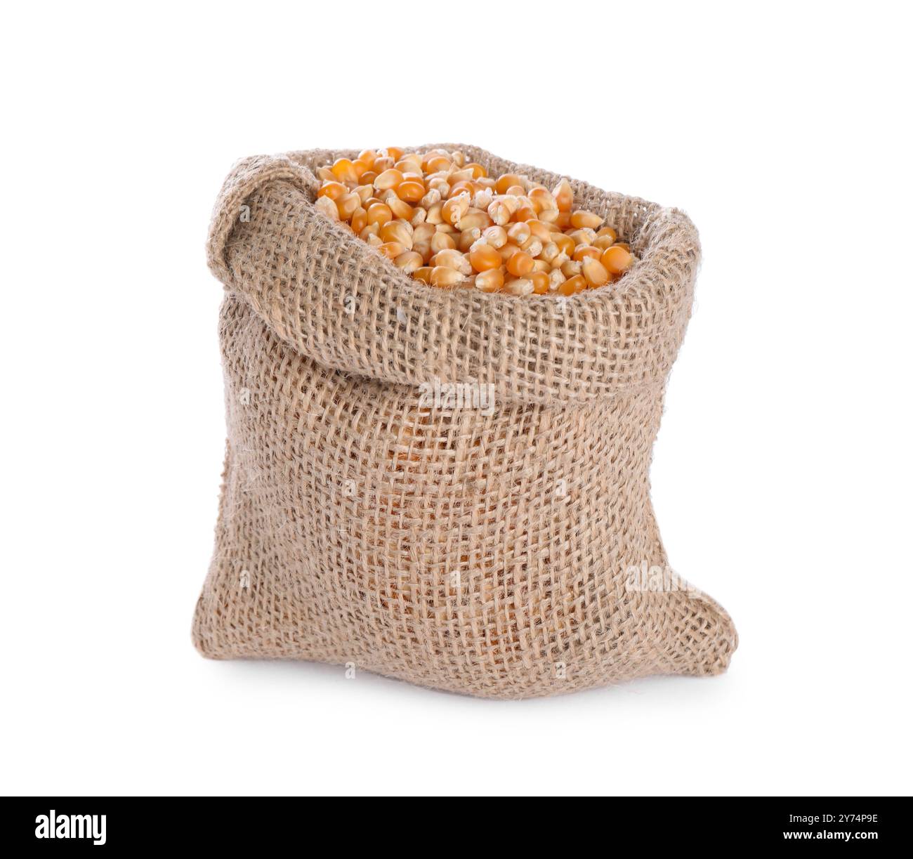 One burlap sack with corn kernels isolated on white Stock Photo - Alamy