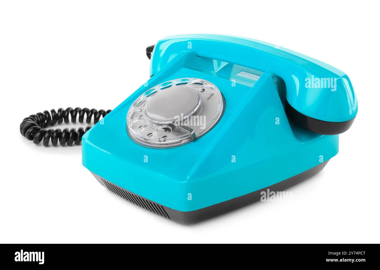 Old light blue telephone with rotary dial isolated on white Stock Photo ...