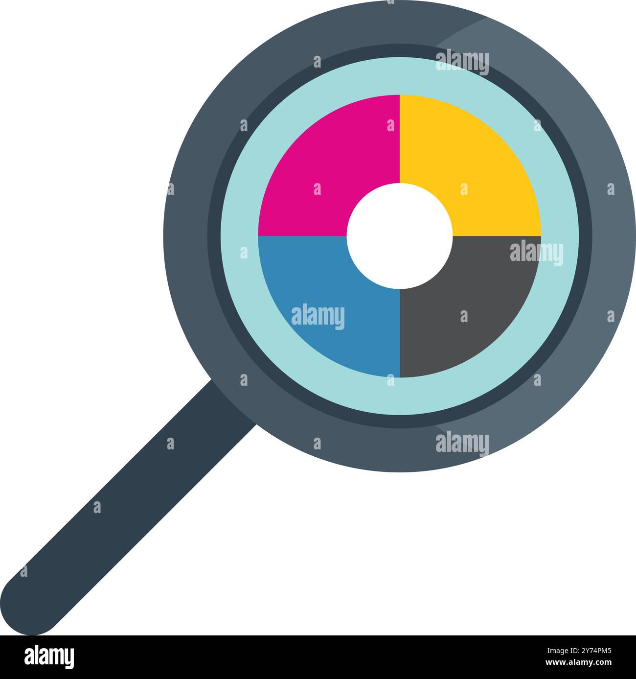 Magnifying glass is focusing on the cmyk color model, representing the ...