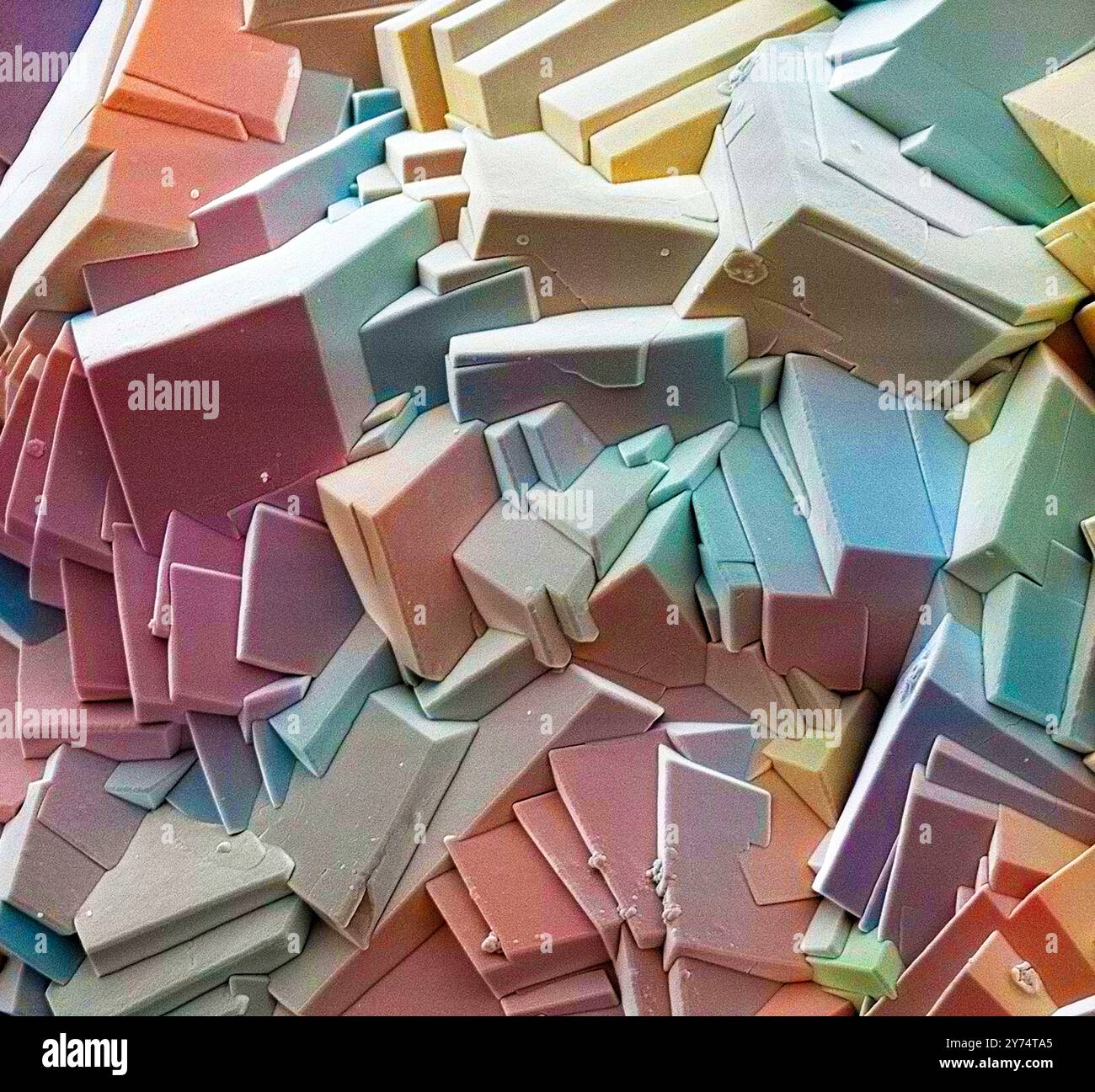 Sucrose crystals, coloured scanning electron micrograph (SEM). Sucrose ...