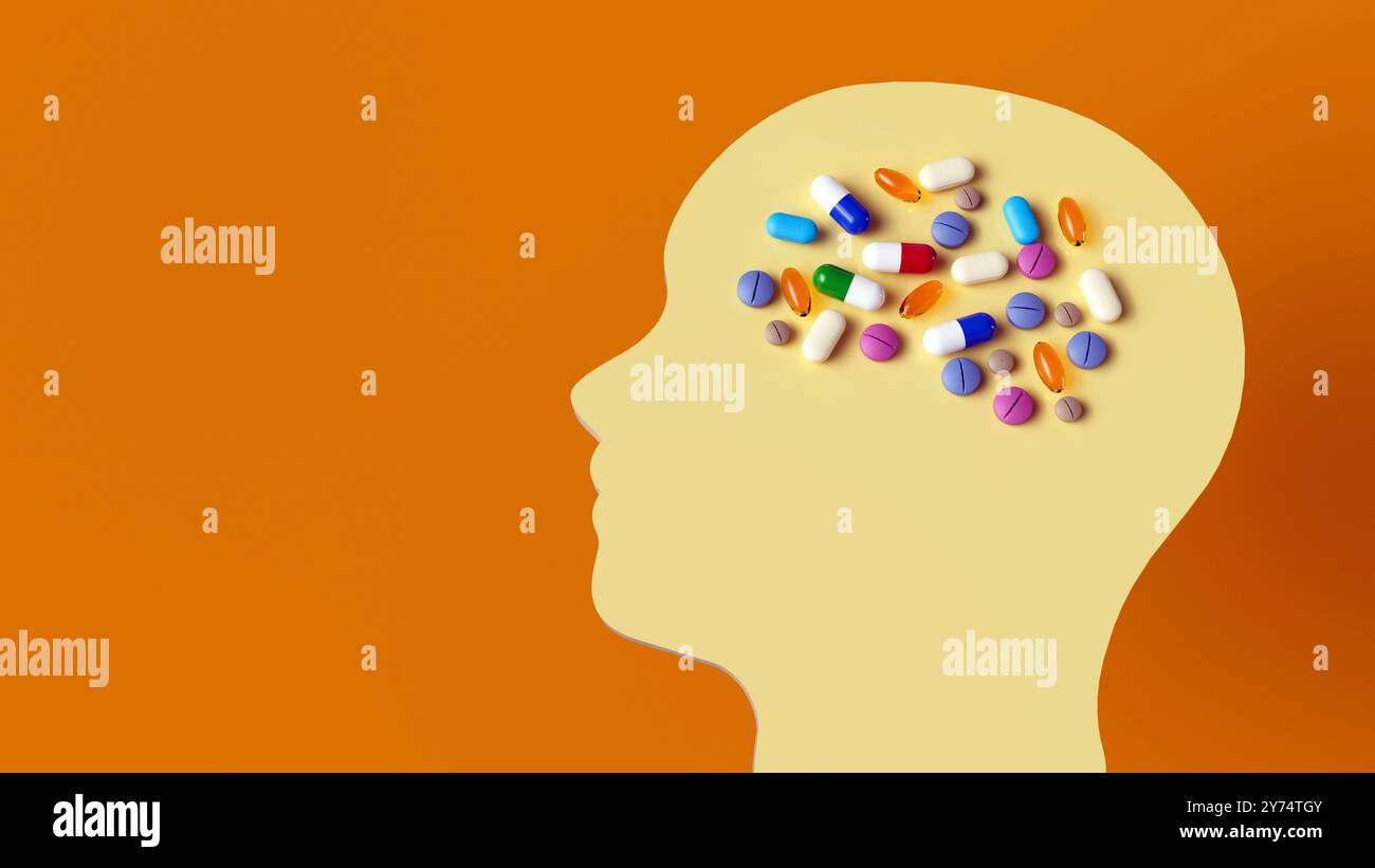 Conceptual illustration showing drugs that target the human brain to ...