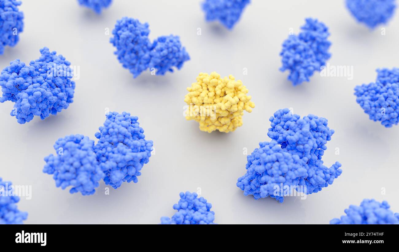 Conceptual illustration showing an array of different proteins (blue ...