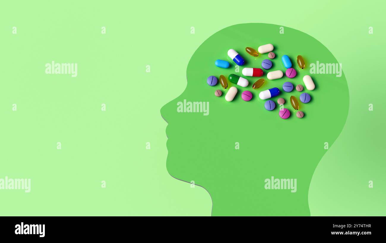 Conceptual illustration showing drugs that target the human brain to ...
