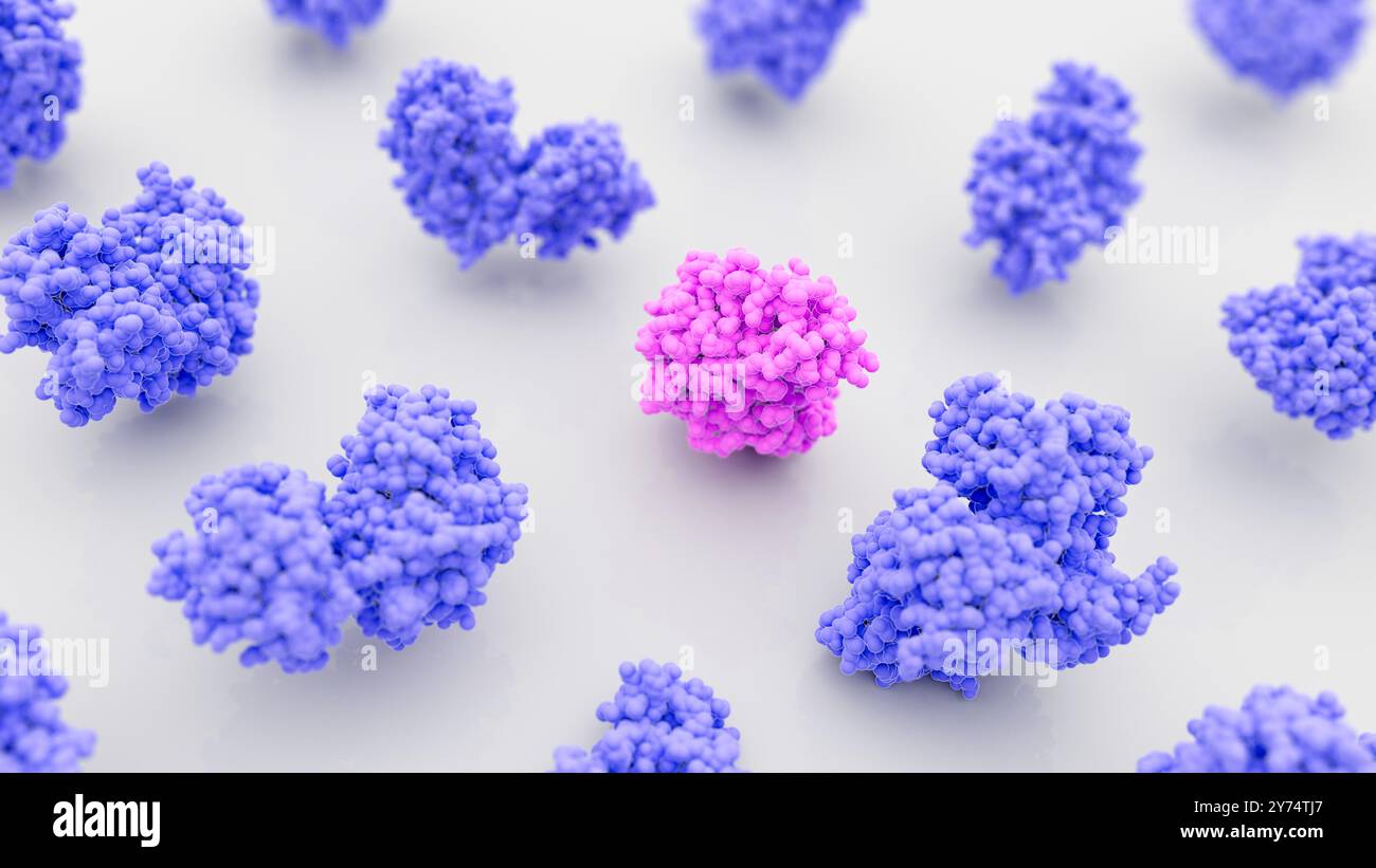 Conceptual illustration showing an array of different proteins (blue ...