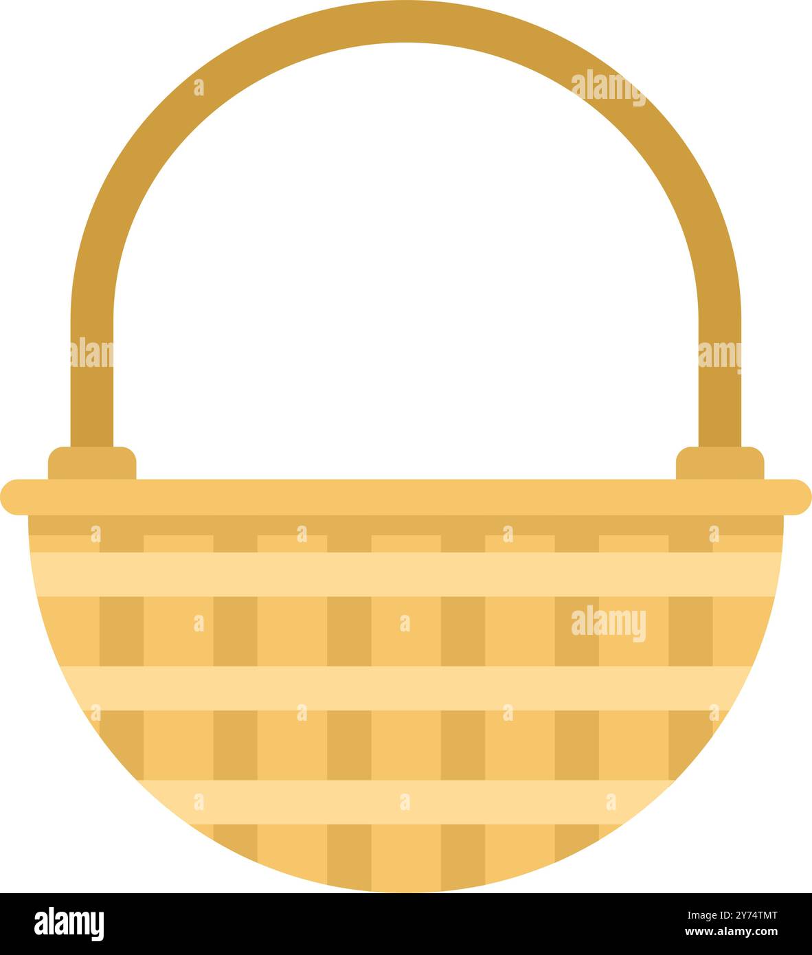 Empty wicker basket with handle standing upright on white background ...