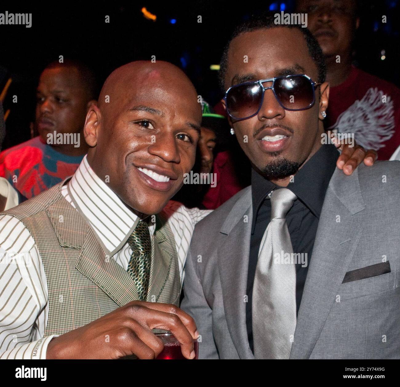 Floyd Mayweather Jr. and P Diddy (Sean Combs) pictured at Floyd Mayweather Jr. victory party at ...