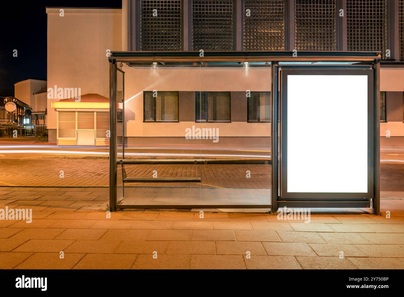 Blank Outdoor Advertising Billboard Mockup At Bus Stop In Front Of ...