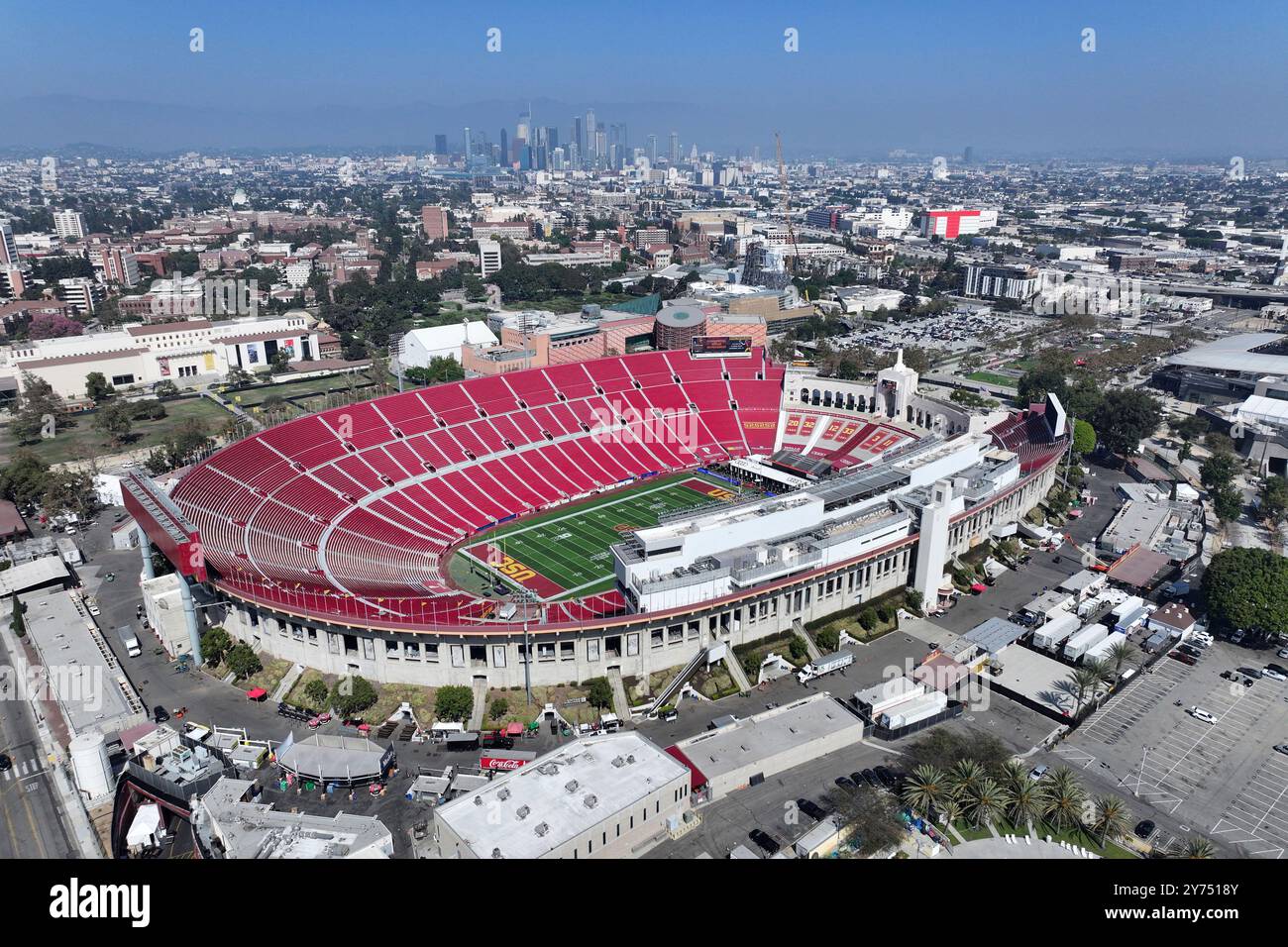 A general overall aerial view of the Los Angeles Memorial Coliseum and ...