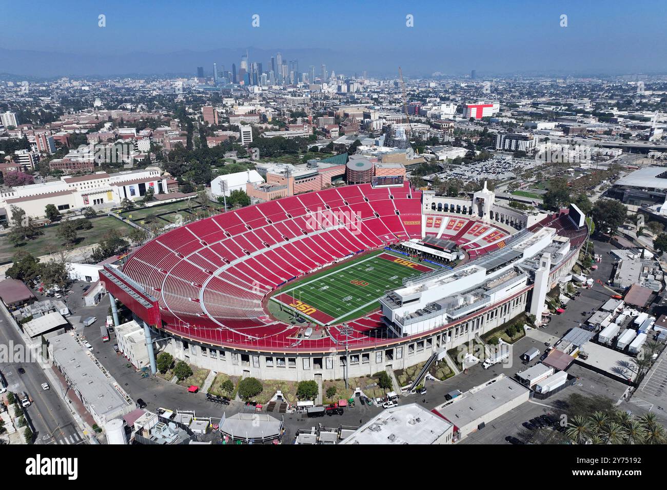 A general overall aerial view of the Los Angeles Memorial Coliseum and ...