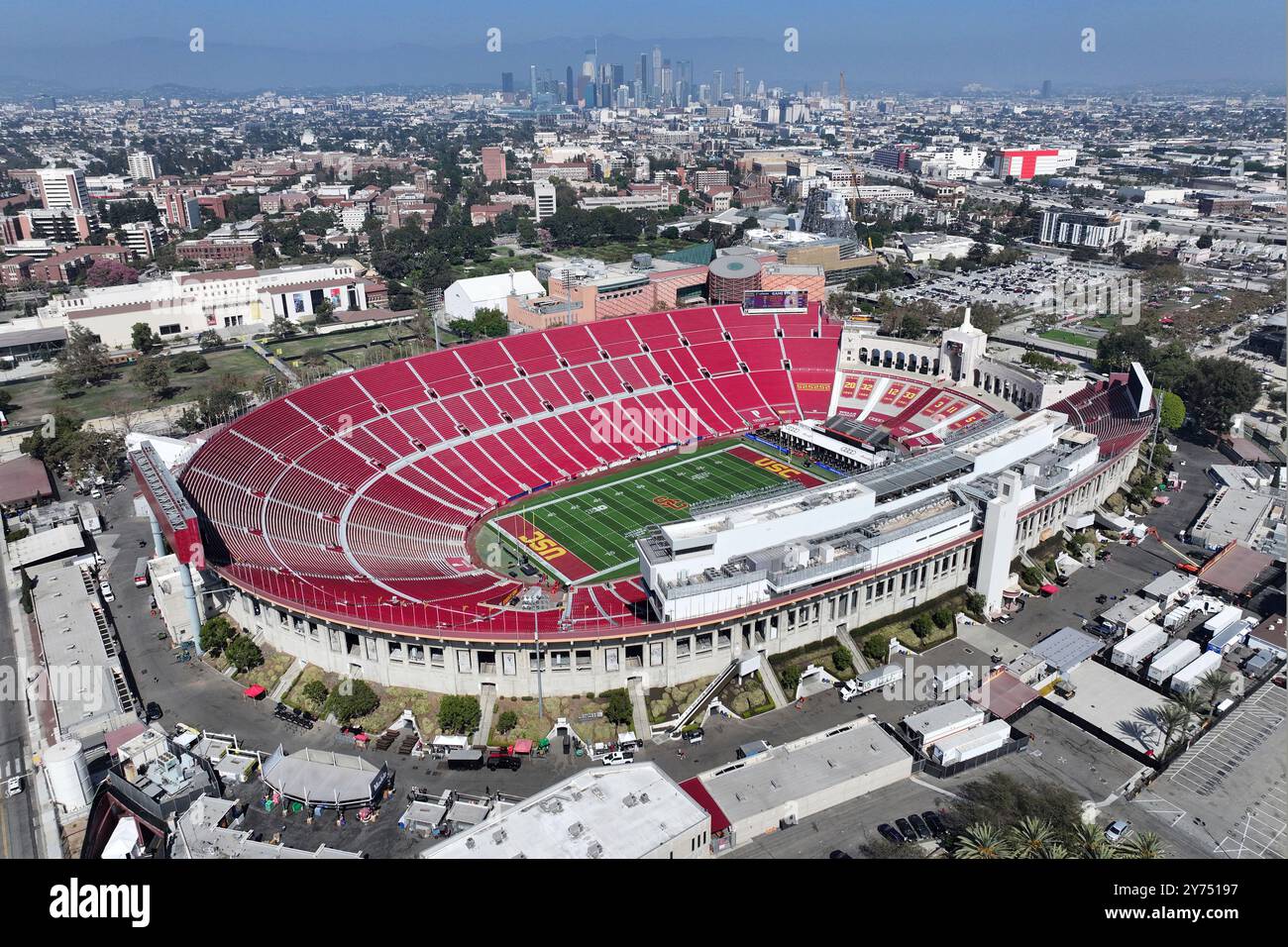 A general overall aerial view of the Los Angeles Memorial Coliseum and ...