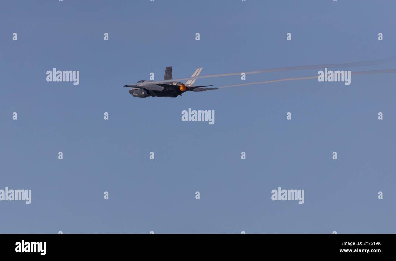 A low angle shot of an F-35 fighter jet performing during San Francisco ...