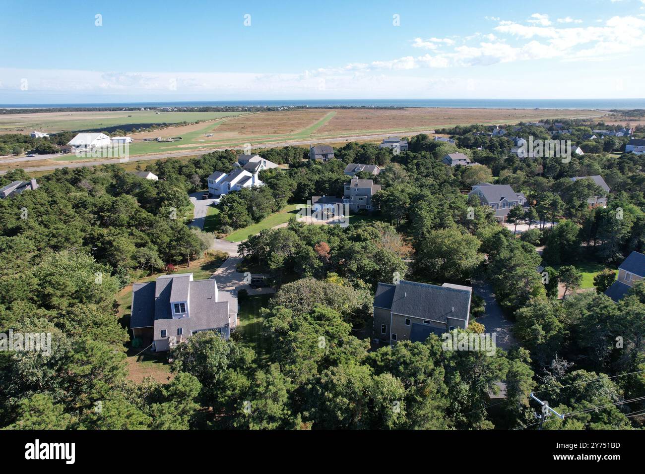 An aerial view of a coastal neighborhood on a sunny day in Edgartown on ...