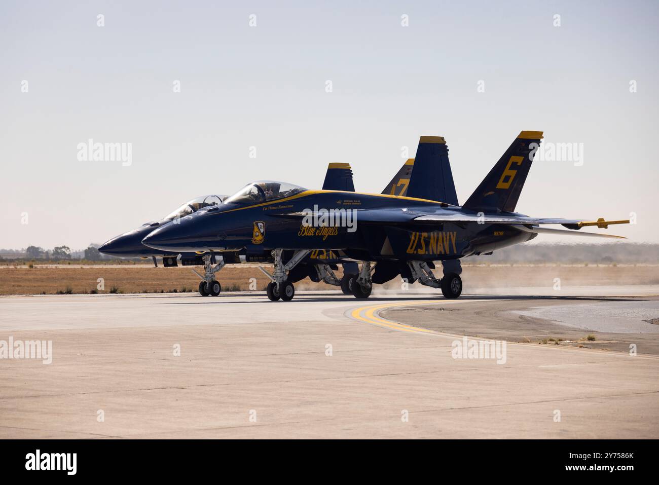 Two U.S. Navy F/A-18 Super Hornet with the U.S. Navy Blue Angels taxi ...