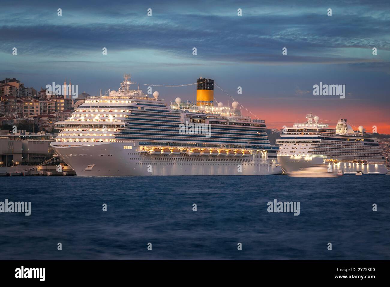 Cruise ships in the port in Galataport, Istanbul, Turkey. Tranquil ...