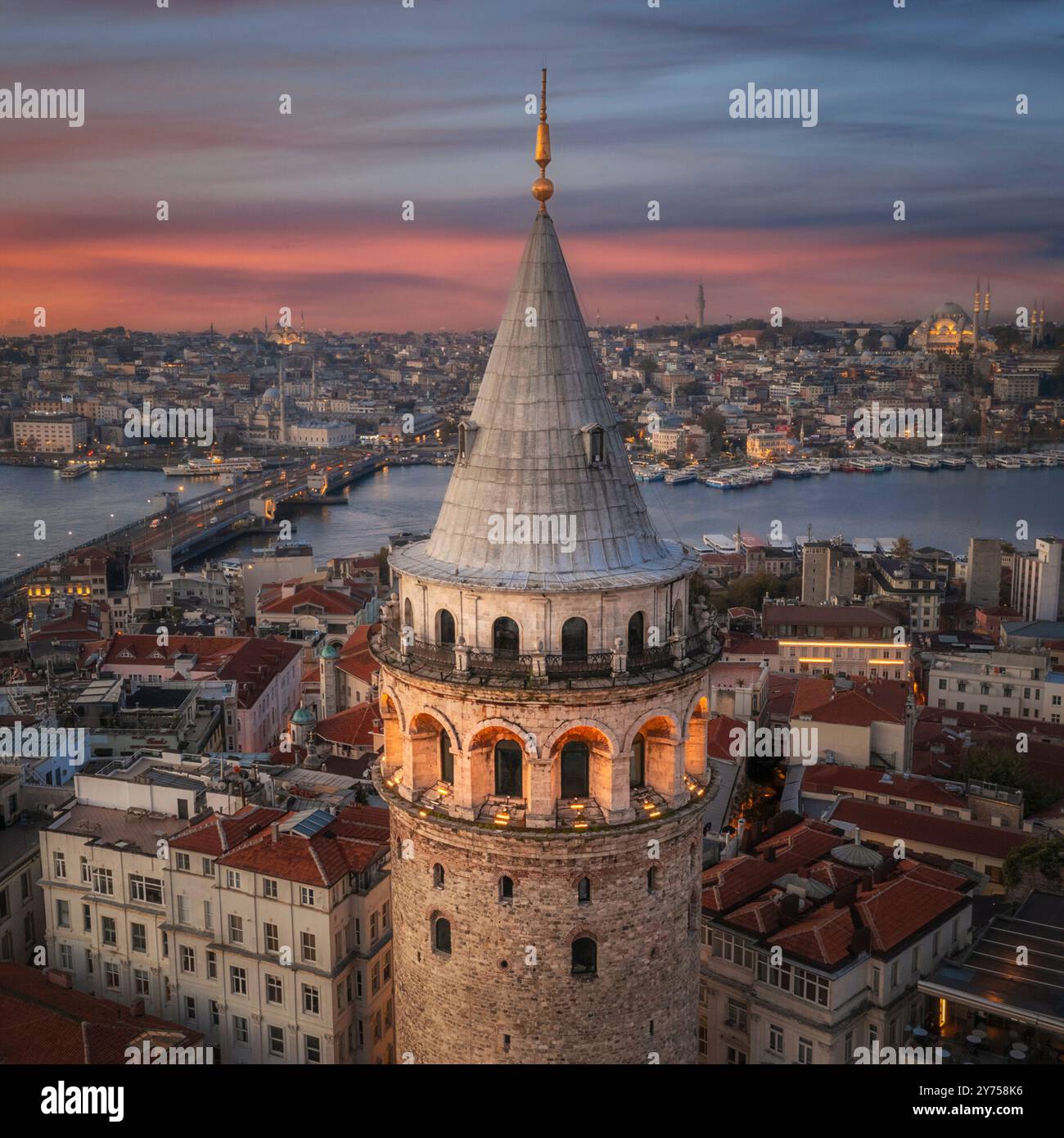 Aerial Galata Tower at Sunset. Galata Bridge and Golden Horn of ...