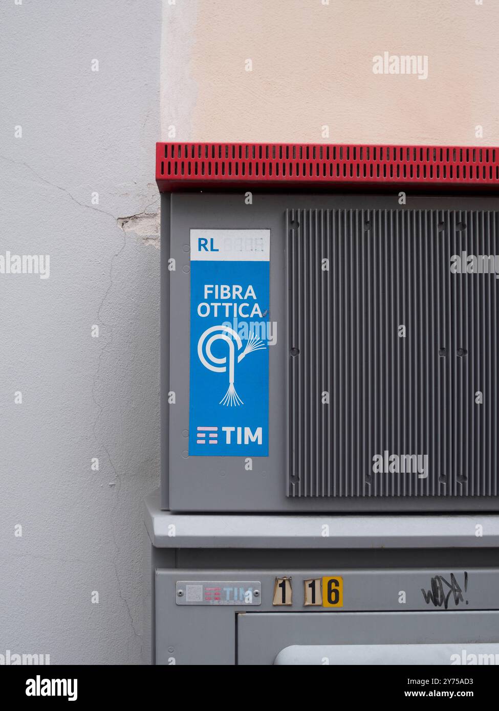 Cremona, Italy September 26th 2024 Grey internet connection box mounted ...