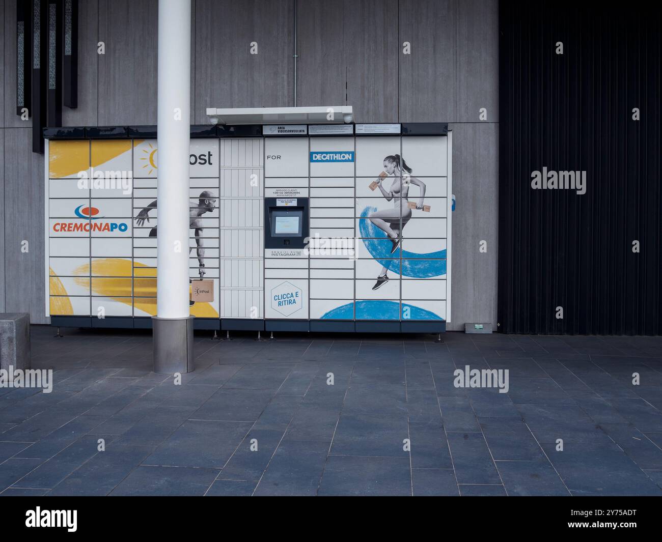 Cremona, Italy September 26th 2024 Row of modern, yellow and blue ...