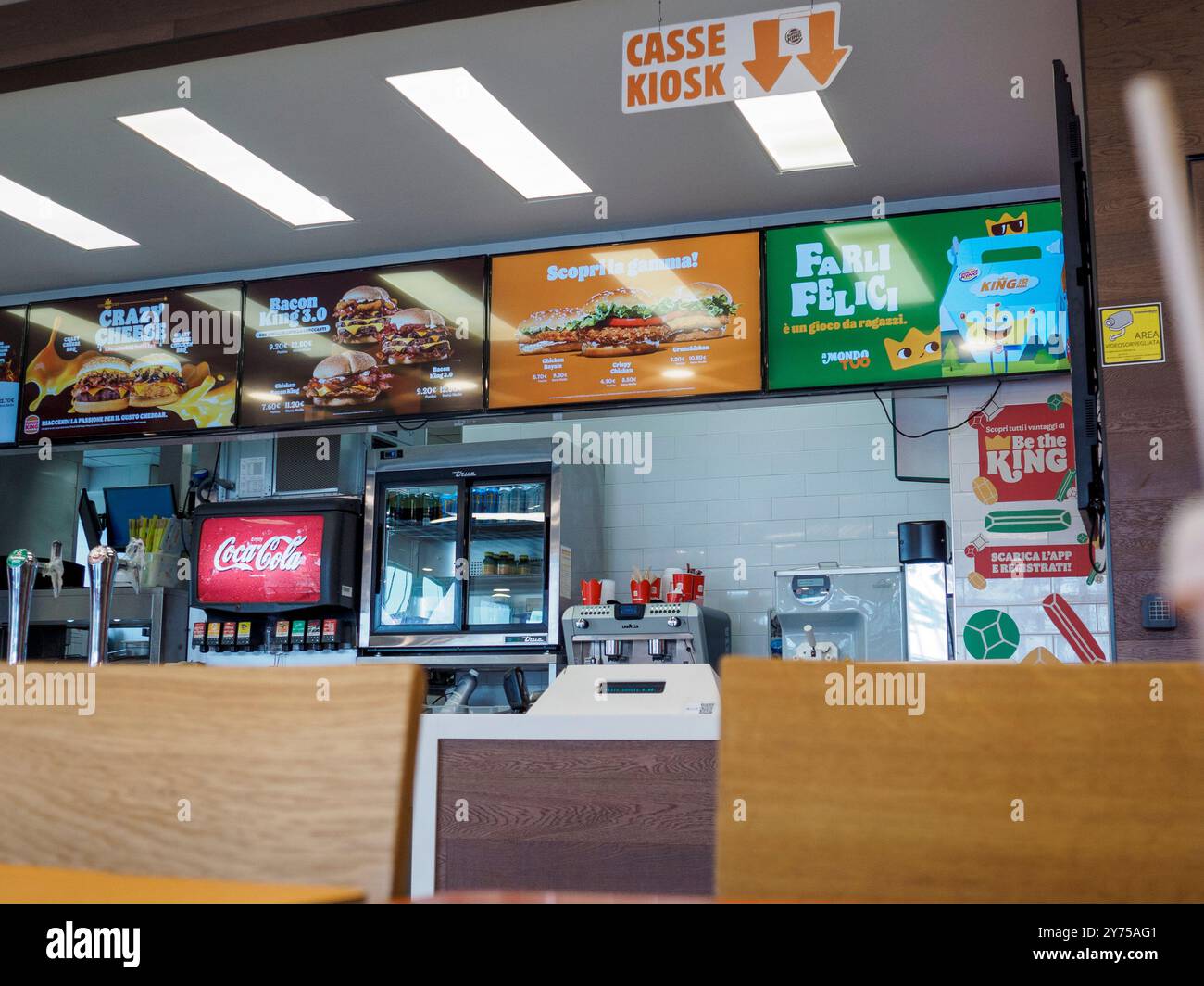 Cremona, Italy September 26th 2024 Empty interior of a burger king fast ...