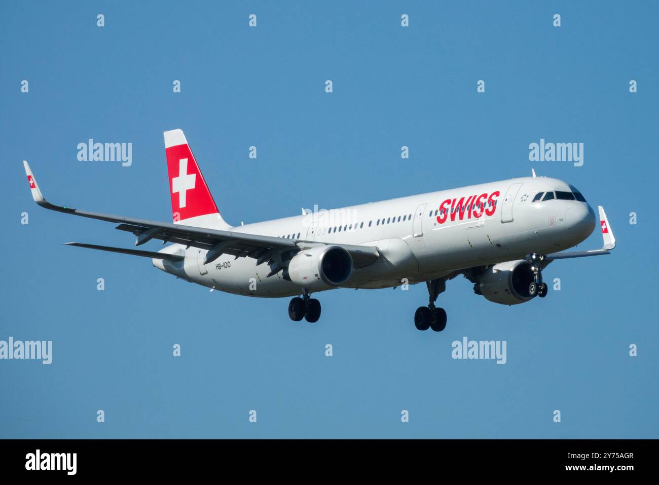 Swiss Airline Airbus A321 Landing Plane Approaching Flying on Blue Sky ...