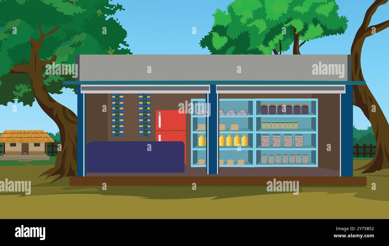 Indian village grocery shop background. Asian rural store with foods ...