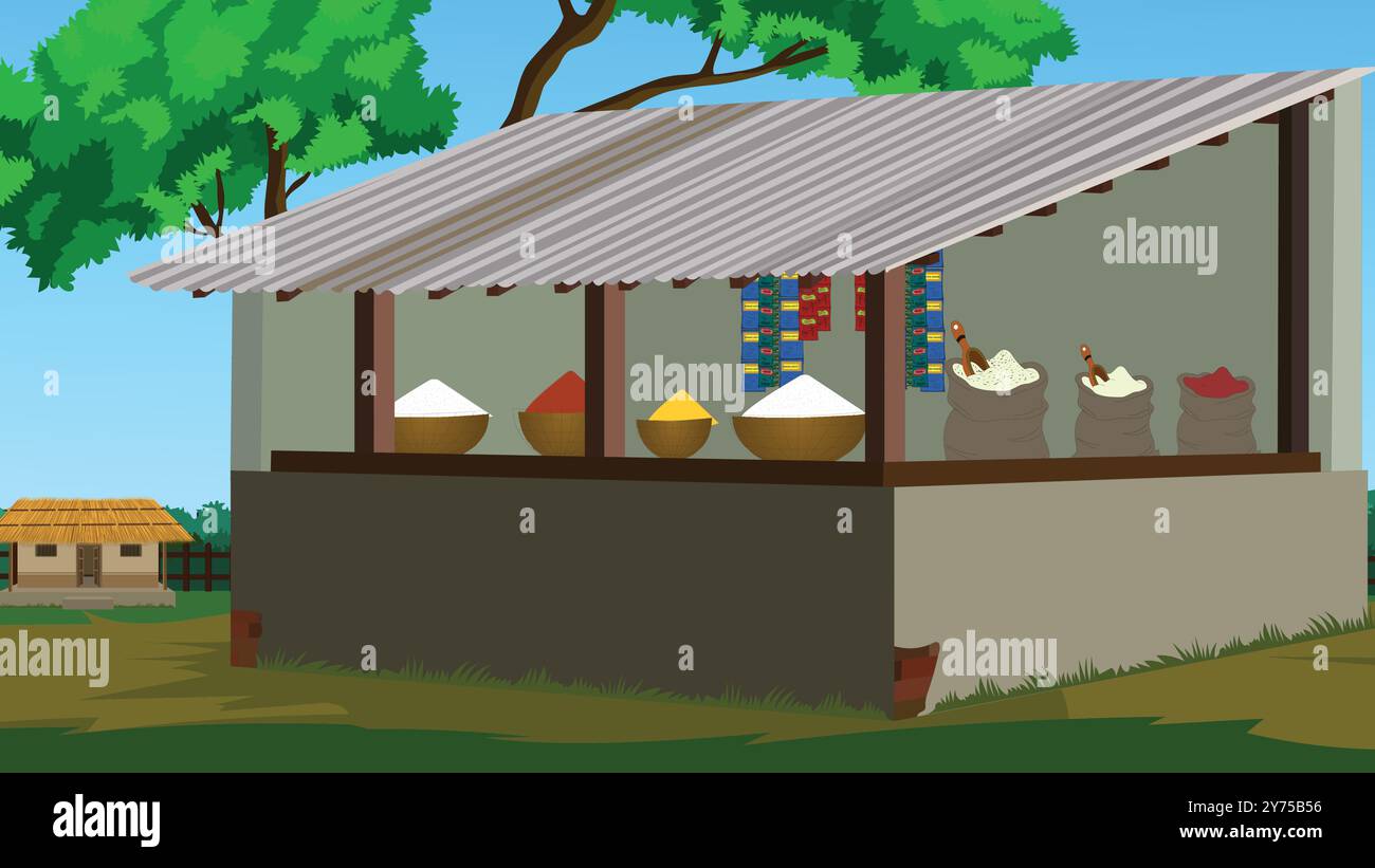 Grocery shop background. village grocery stall vector illustration with ...