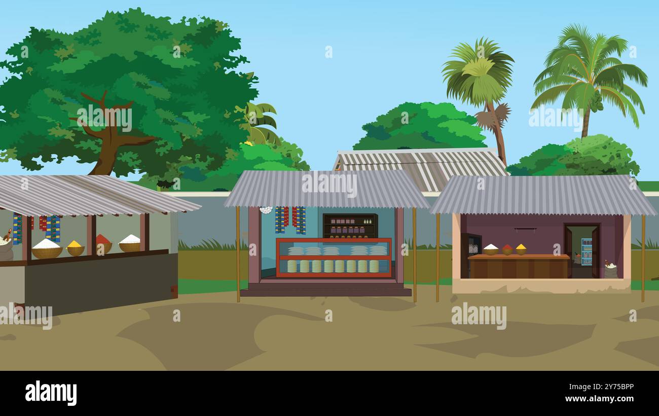 Indian village market. Rural market with tea stall and grocery shop ...