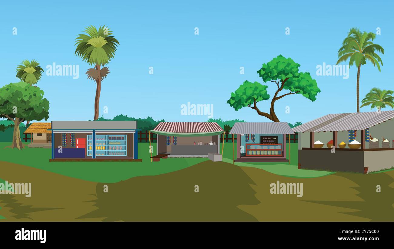 Indian village shop landscape. Village road background. Asian village ...