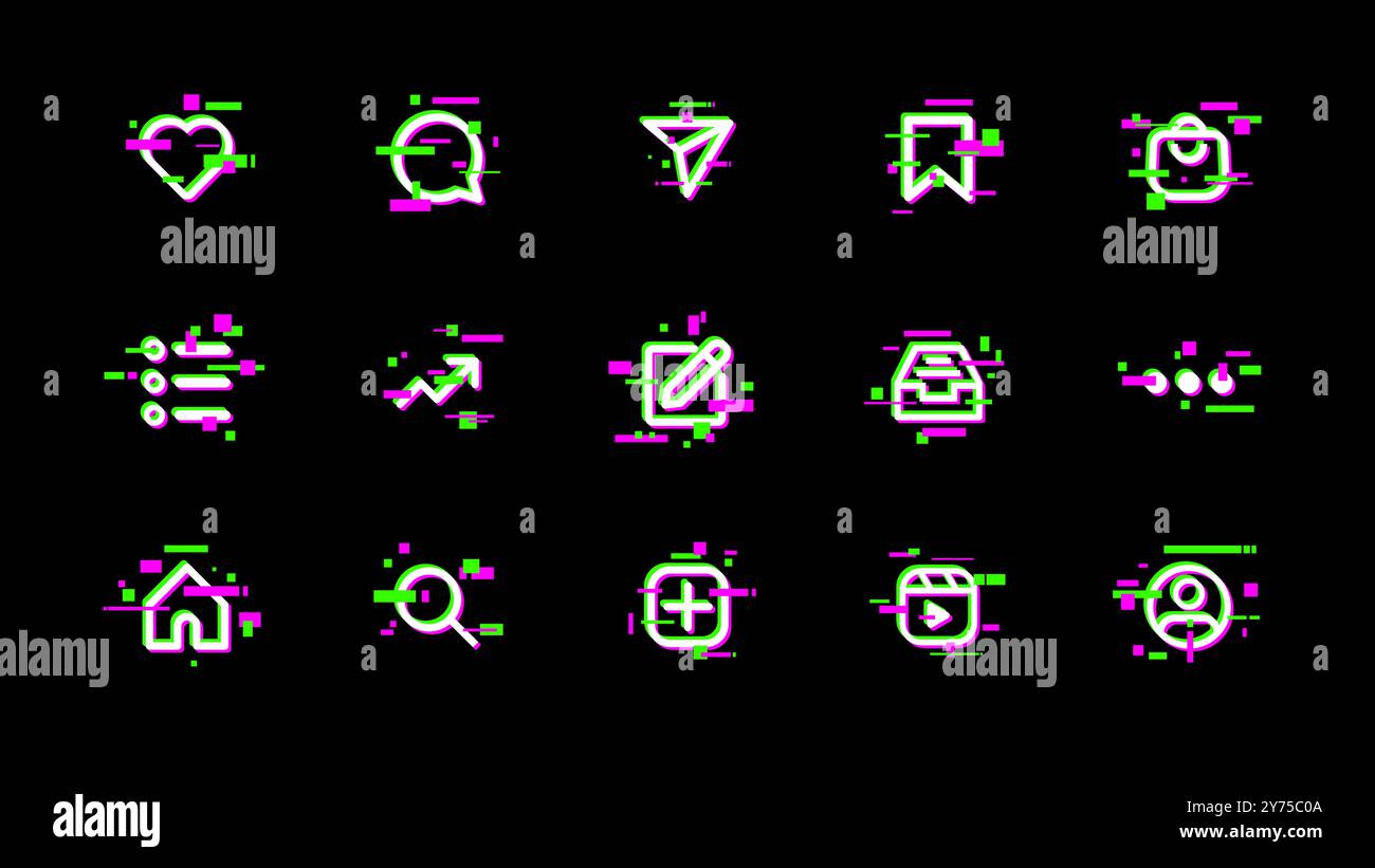 Social Media Icons With Distorted Glitch Effects Futuristic Web Clipart And Mobile App User