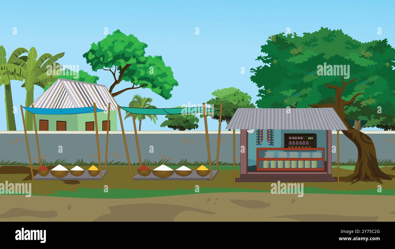 Village market design with food shop under tent. Indian village market ...