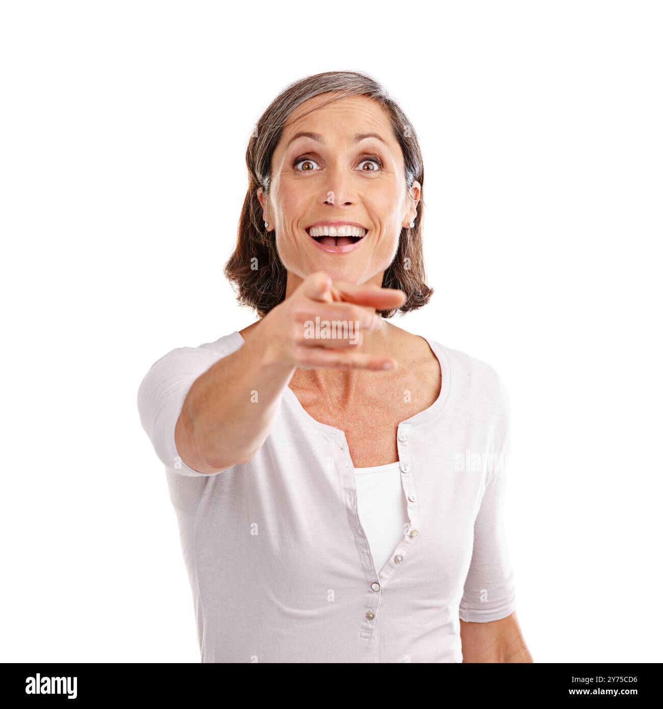 Portrait, surprise and woman pointing to you, wow and person isolated ...