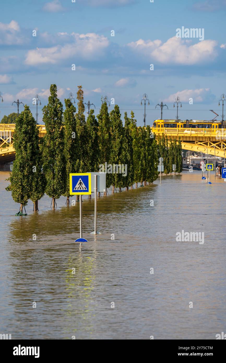 Budapest, Hungary - September 19, 2024: Flooded Trees and Road Signs in ...