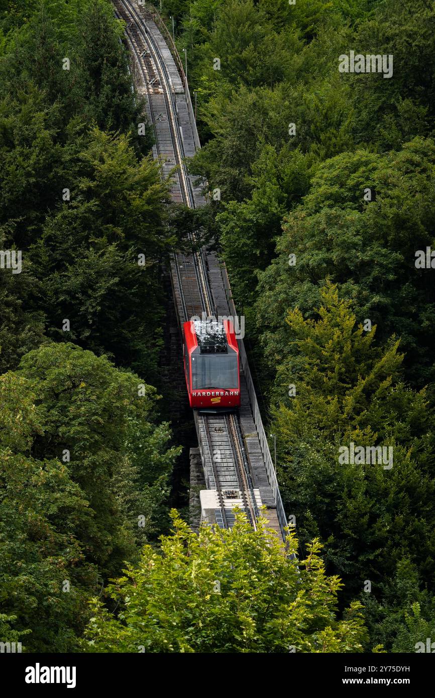 The view of the funicular cable car railway to Harder Kulm overlooking ...