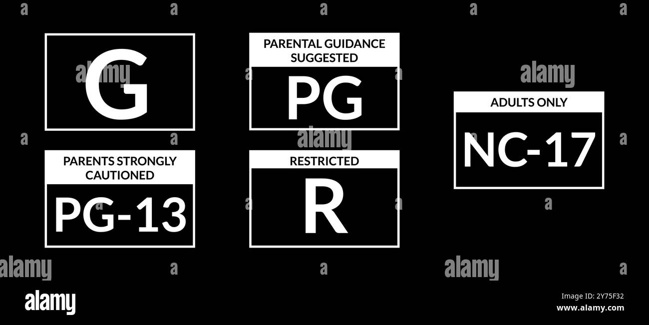 Film rating system label inverted color sticker set, black and white vector art Stock Vector ...