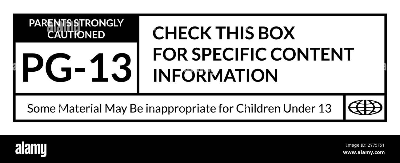 Film rating system label sticker with text PG-13 rated, black and white ...