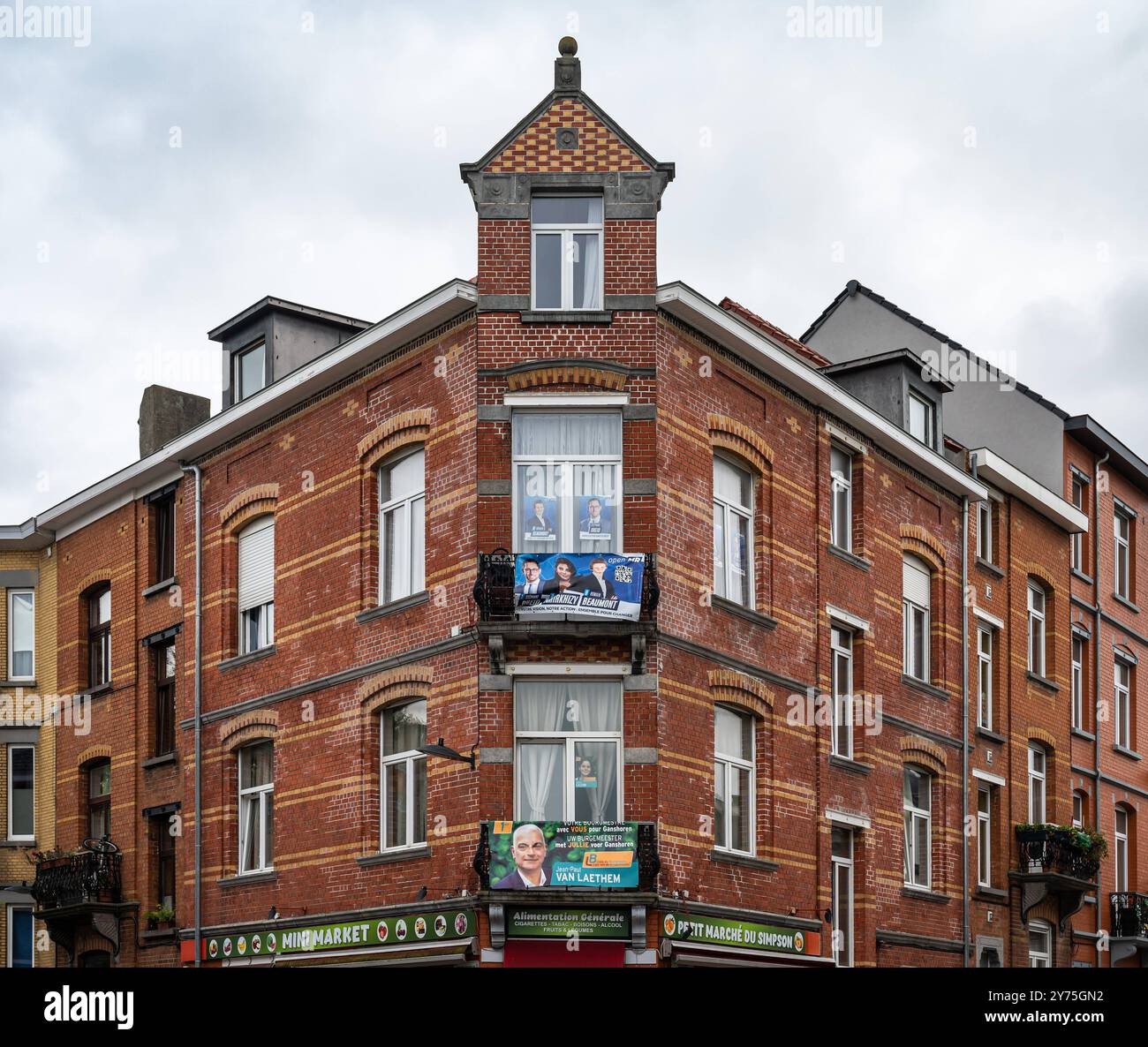 Corner house with decorated brick stone facade in Flemish renaissance ...