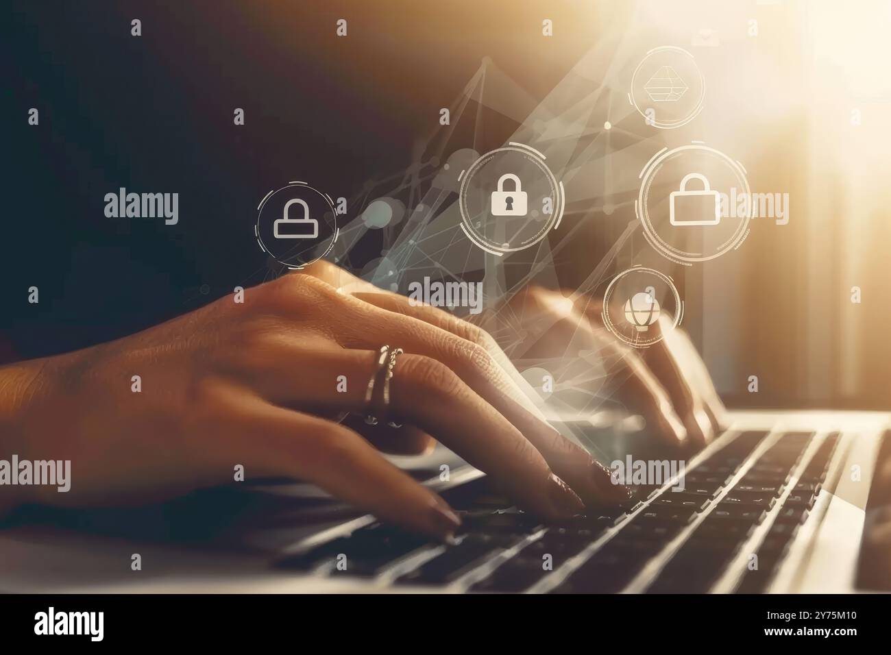 Emphasizing digital security hands typing on laptop surrounded by ...