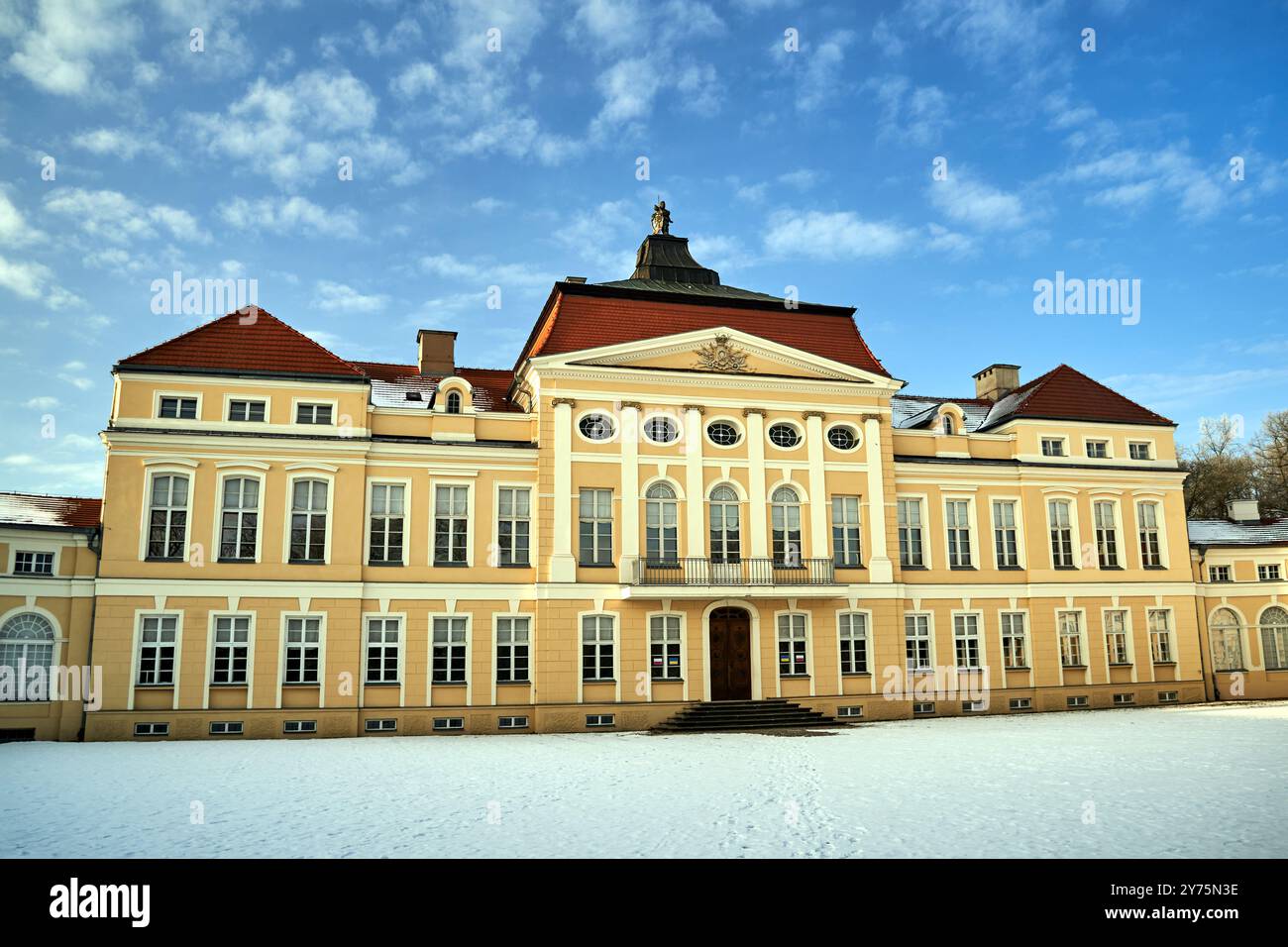 classicist facade of the palace in the village of Rogalin during winter ...