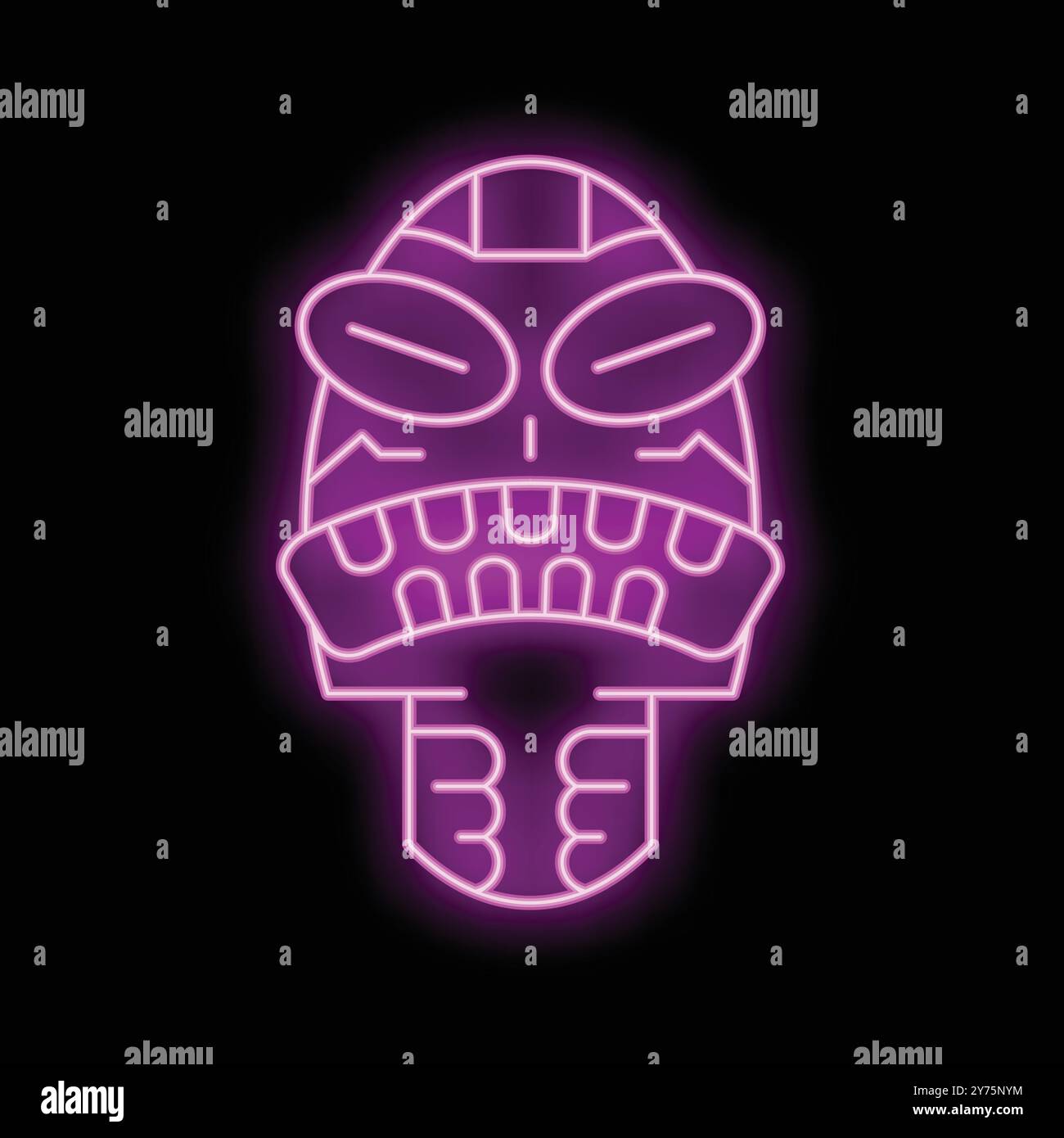 Bright purple neon sign representing a tiki mask on black background, a ...