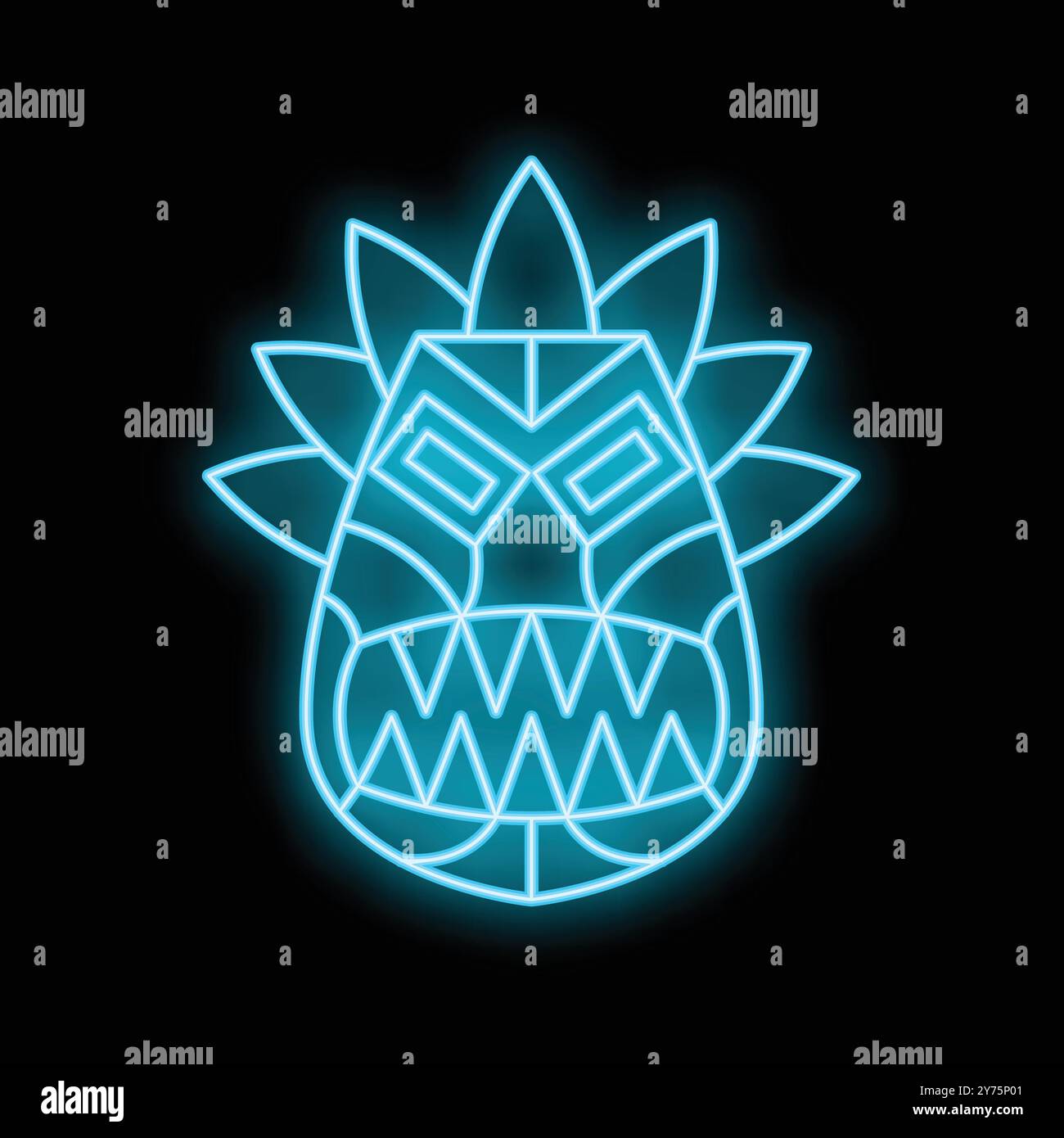 Neon blue tiki mask is glowing on black background representing exotic ...