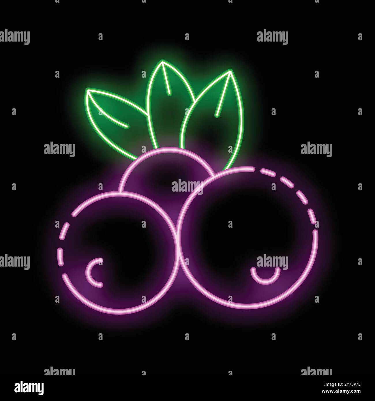 Neon sign illuminating a bunch of blueberries with leaves on a black ...