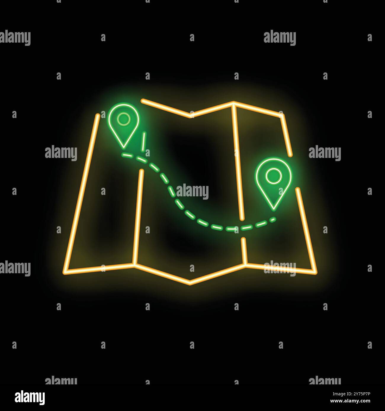 Neon sign showing a map with a dotted line showing a route between two ...