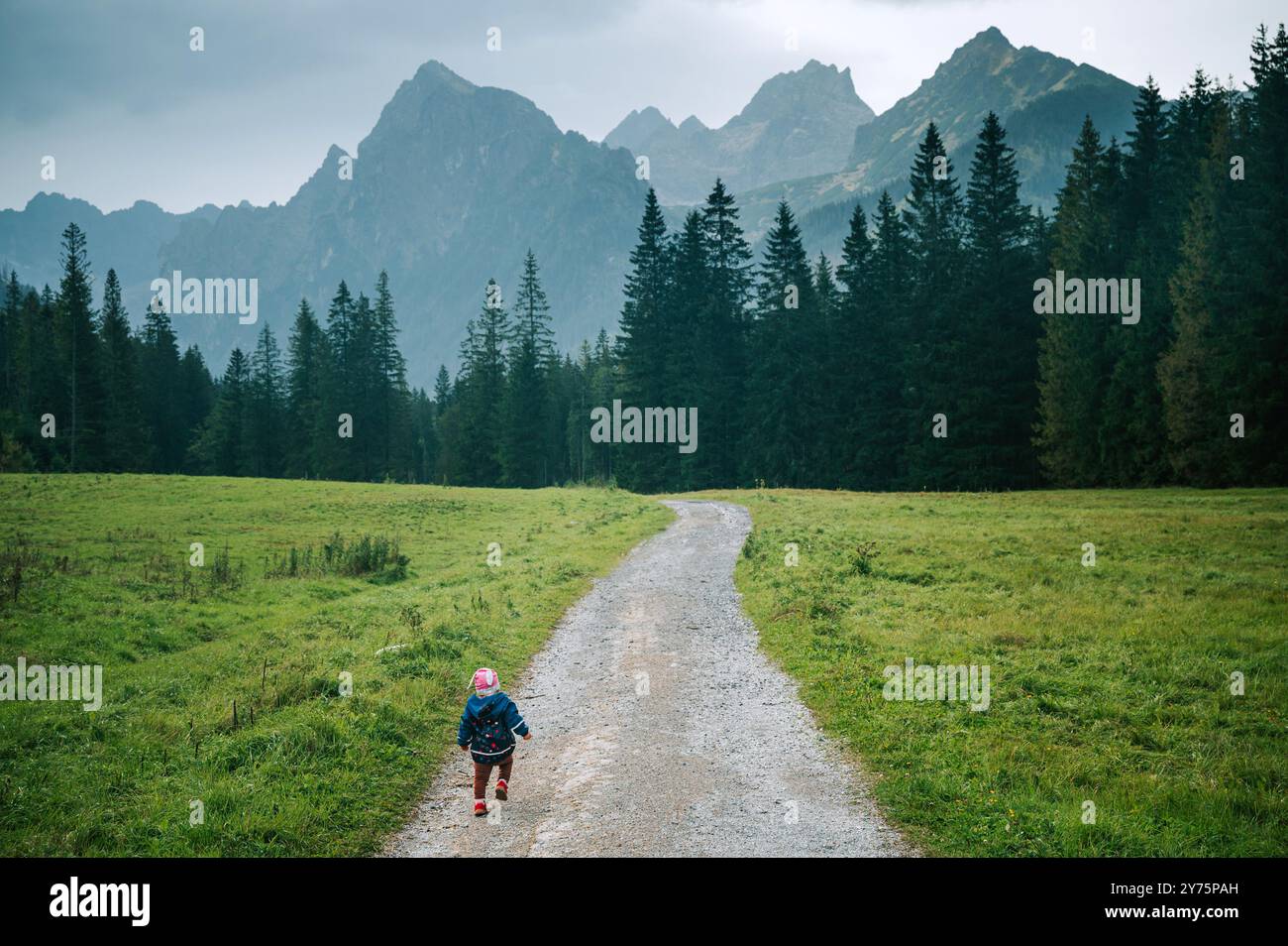 Toddler making first steps on tourist trail towards to big mountains ...