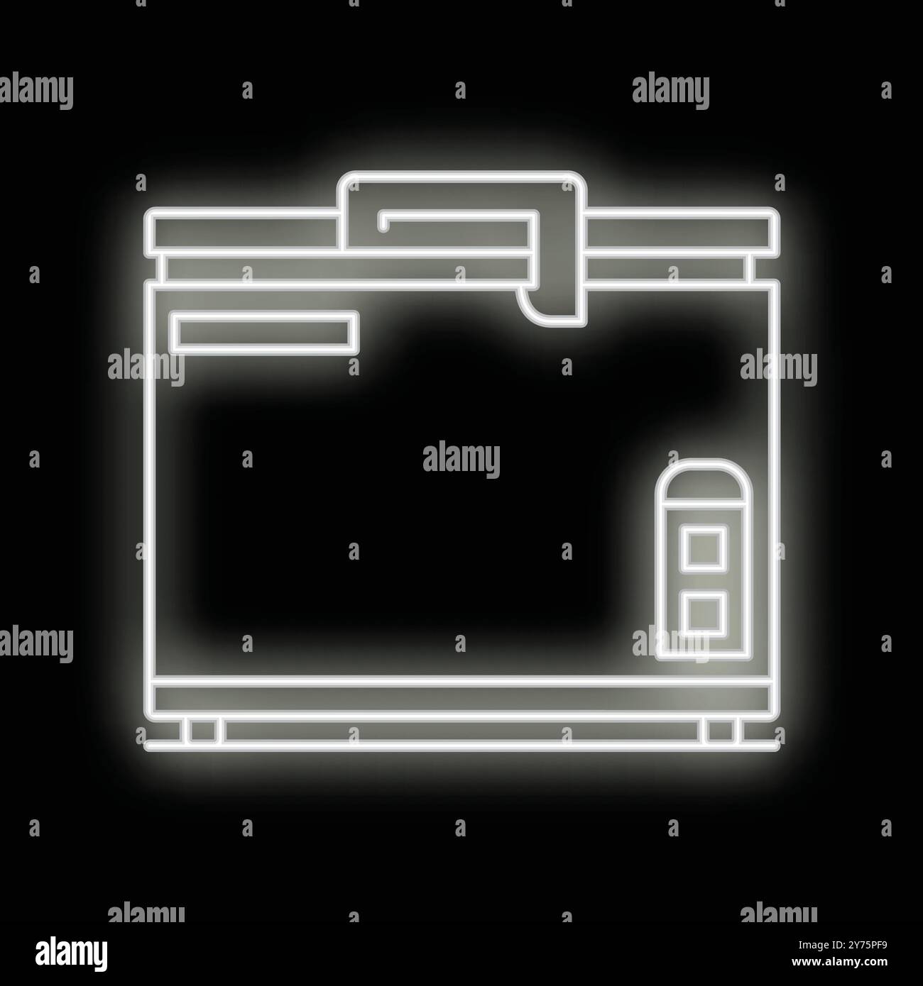 Glowing white neon icon of portable fridge on black background ...